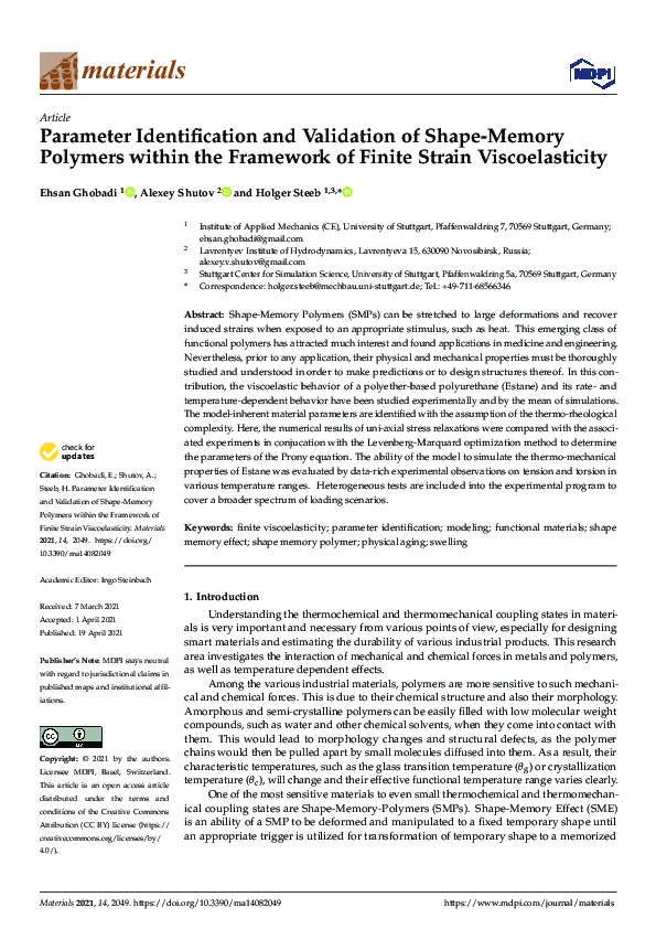 Pdf Parameter Identification And Validation Of Shape Memory Polymers Within The Framework Of