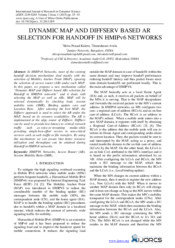 (PDF) Dynamic Map and Diffserv Based AR Selection for Handoff in HMIPv6 Networks