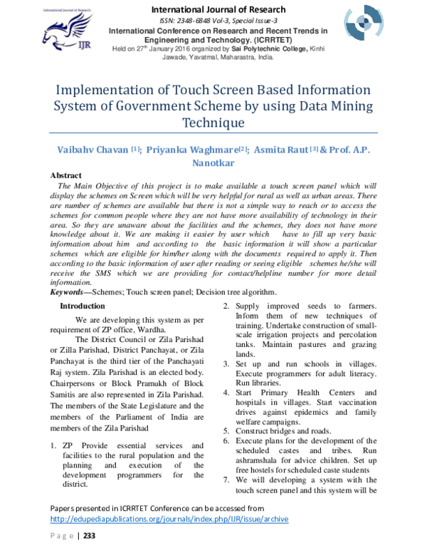 (PDF) Implementation of Touch Screen Based Information System of Government Scheme by using Data ...
