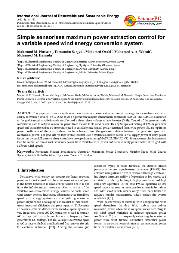 (PDF) Simple Sensorless Maximum Power Extraction Control for a Variable Speed Wind Energy ...