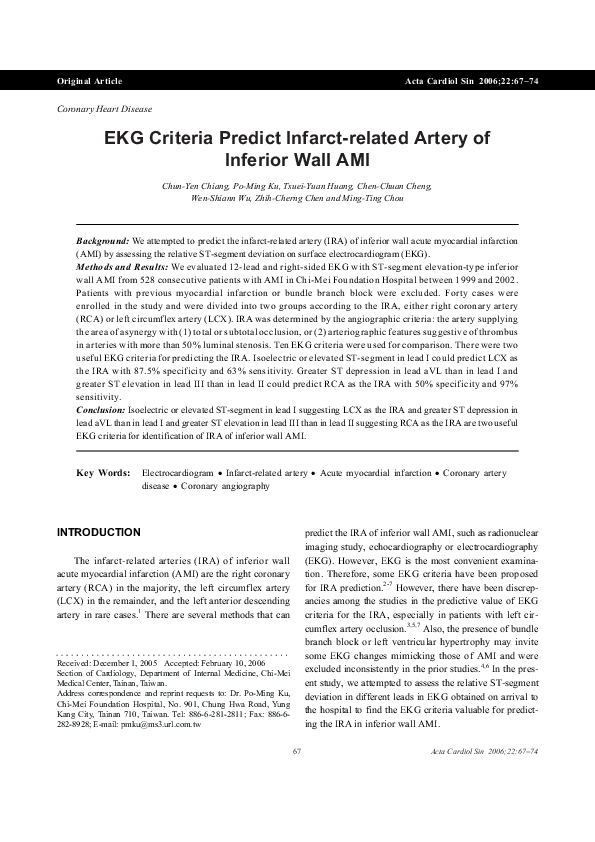 (PDF) EKG Criteria Predict Infarct-related Artery of Inferior Wall AMI