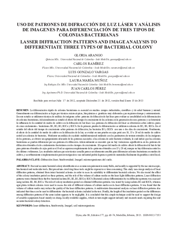 (PDF) Uso De Patrones De Difracción De Luz Láser y Análisis De Imagenes Para Diferenciación De ...