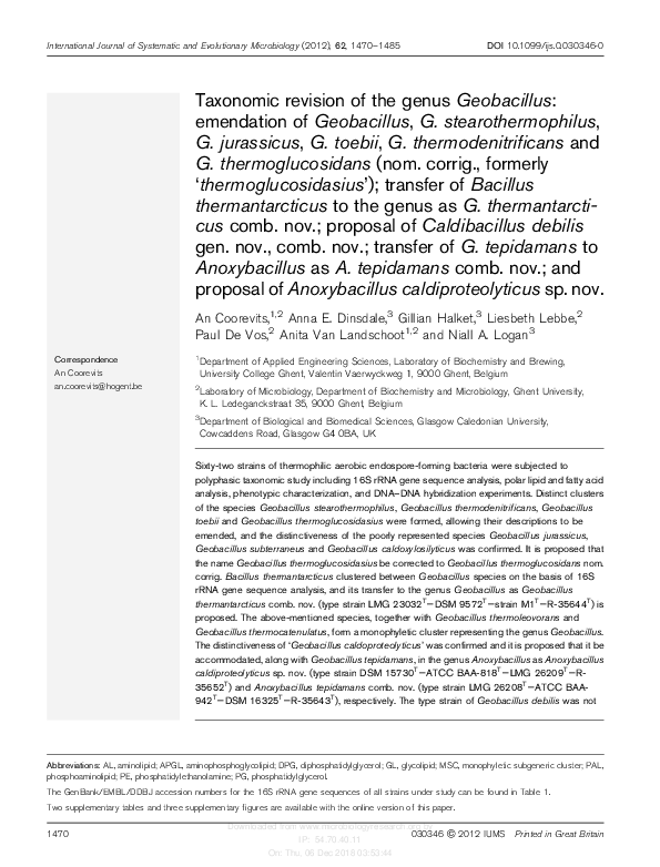 (PDF) Taxonomic revision of the genus Geobacillus : emendation of ...