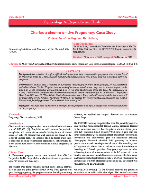 (PDF) Choriocarcinoma on Live Pregnancy: Case Study