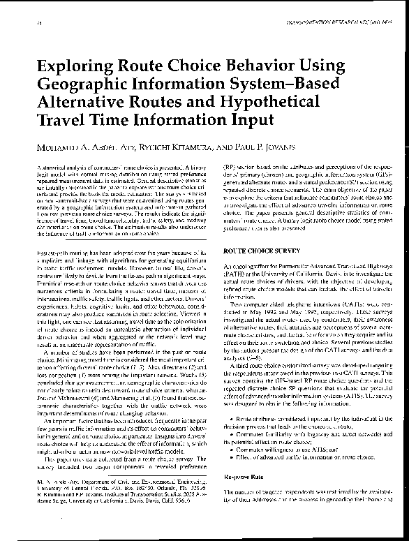 (PDF) Exploring route choice behavior using geographic information system-based alternative ...