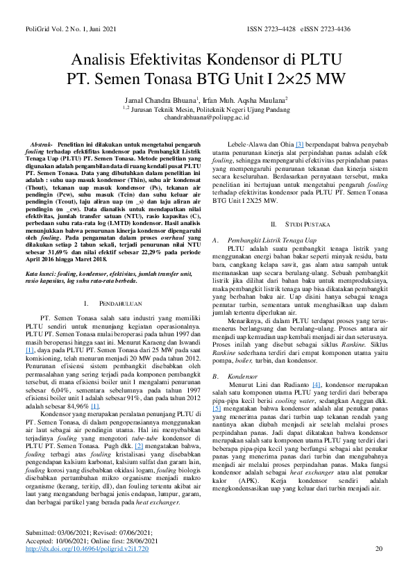 (PDF) Analisis Efektivitas Kondensor Di PLTU PT. Semen Tonasa Btg Unit ...
