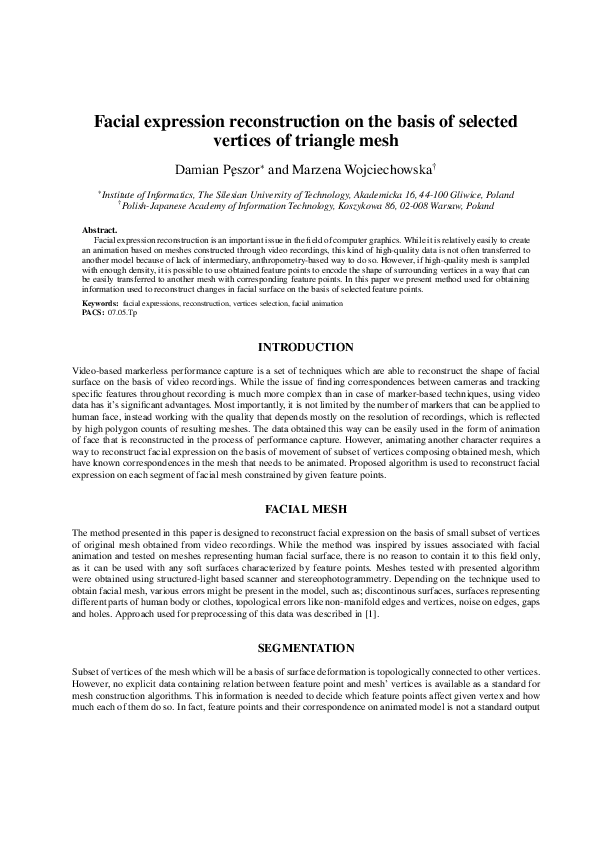 (PDF) Facial expression reconstruction on the basis of selected ...