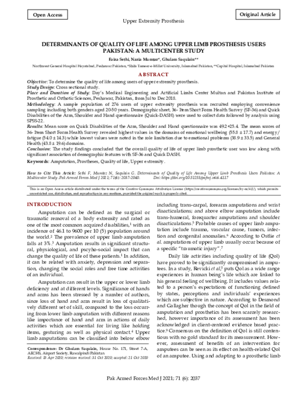 (PDF) Determinants of Quality of Life Among Upper Limb Prosthesis Users ...