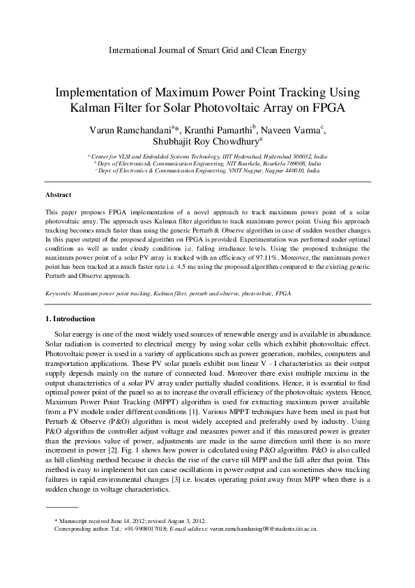 (PDF) Implementation of Maximum Power Point Tracking Using Kalman Filter for Solar Photovoltaic ...