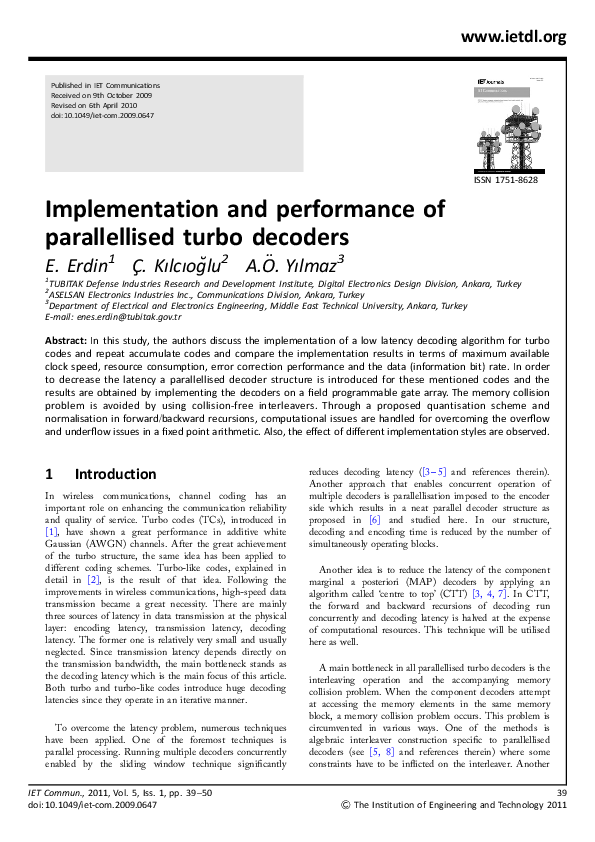 (PDF) Implementation and performance of parallellised turbo decoders