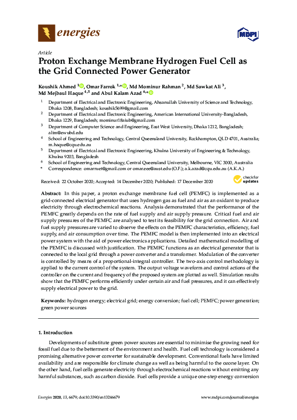 (PDF) Proton Exchange Membrane Hydrogen Fuel Cell as the Grid Connected Power Generator