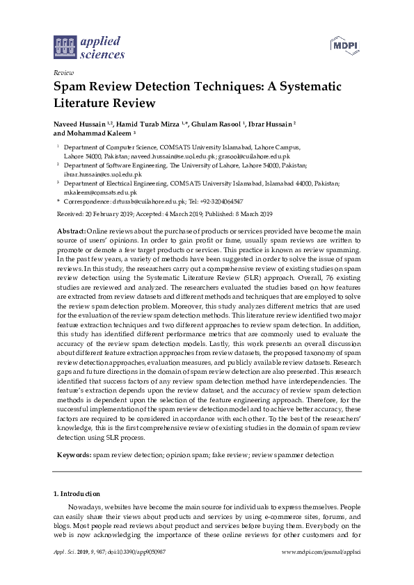 Pdf Spam Review Detection Techniques A Systematic Literature Review