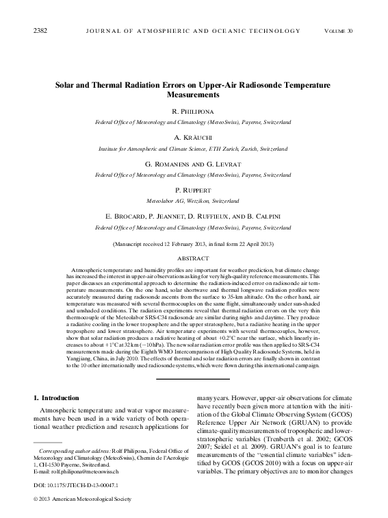 (PDF) Solar and Thermal Radiation Errors on Upper-Air Radiosonde Temperature Measurements