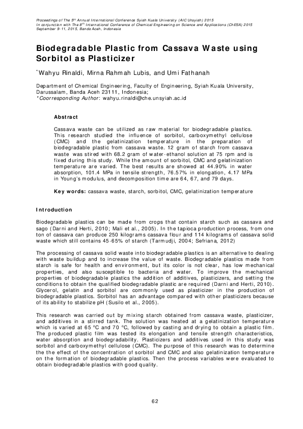 (PDF) Biodegradable Plastic from Cassava Waste using Sorbitol as Plasticizer | Mirna Rahmah ...