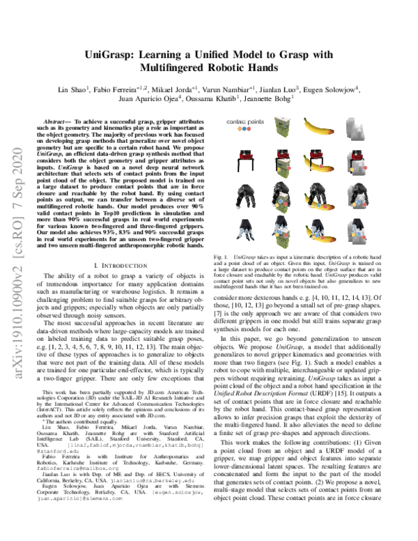 (PDF) UniGrasp: Learning a Unified Model to Grasp With Multifingered Robotic Hands