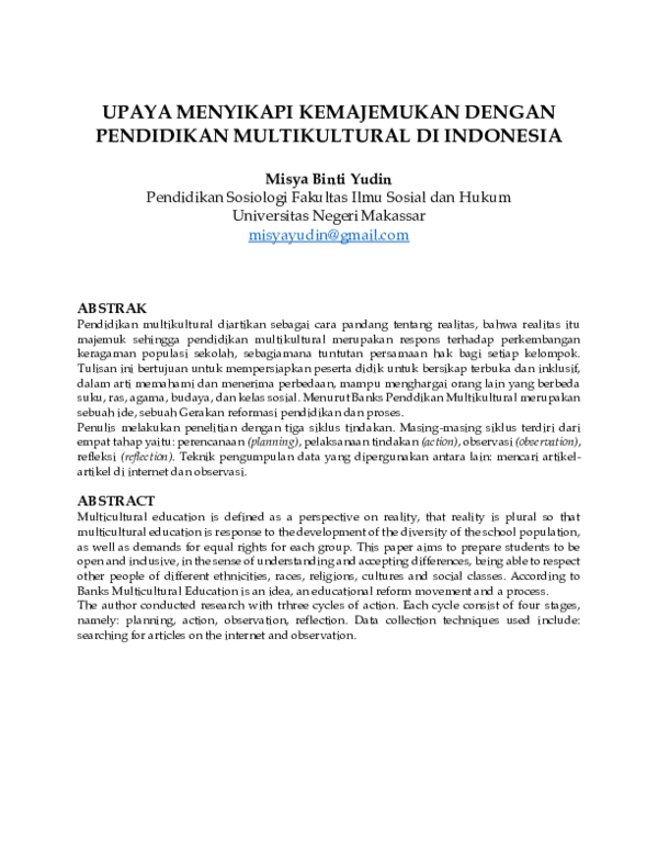 (PDF) UPAYA MENYIKAPI KEMAJEMUKAN DENGAN PENDIDIKAN MULTIKULTURAL DI INDONESIA