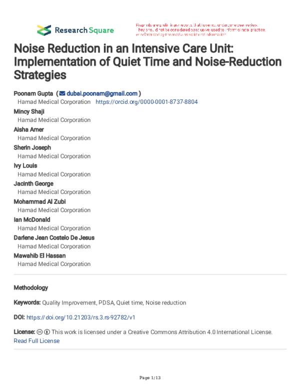 (PDF) Noise Reduction in an Intensive Care Unit: Implementation of Quiet Time and Noise ...