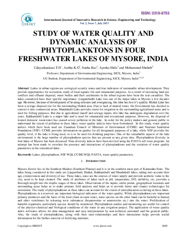 (PDF) Study of Water Quality and Dynamic Analysis Ofphytoplanktons in ...