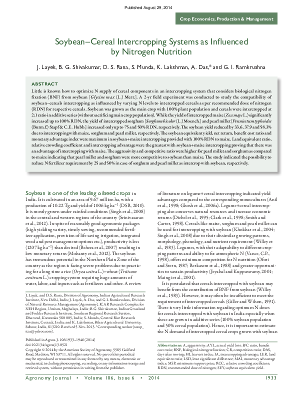 (PDF) Influence of Nitrogen on Soybean-Cereal Intercropping Systems