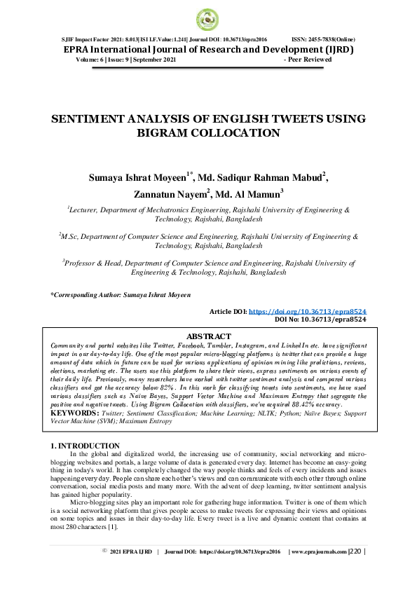 (PDF) Sentiment Analysis of English Tweets Using Bigram Collocation
