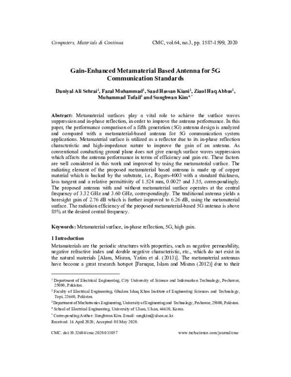 (PDF) Gain-Enhanced Metamaterial Based Antenna for 5G Communication Standards