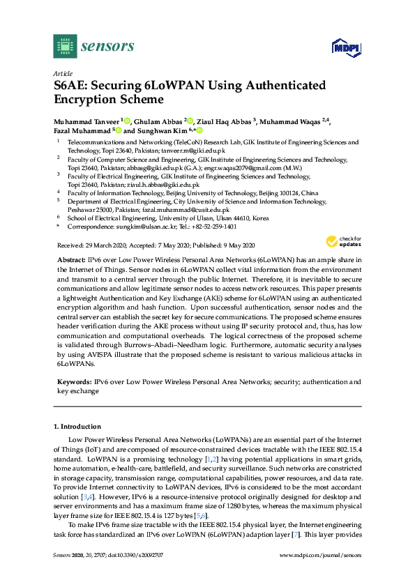 Pdf S6ae Securing 6lowpan Using Authenticated Encryption Scheme 