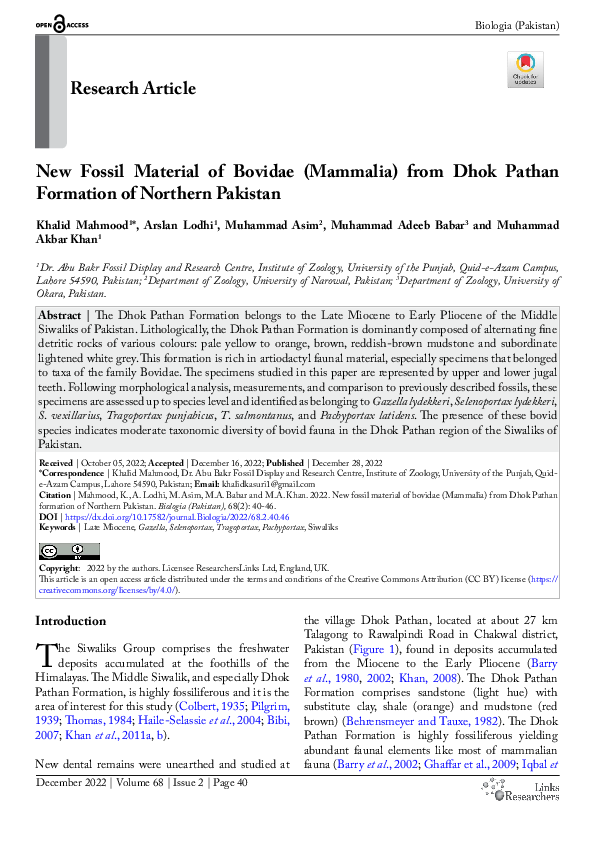(PDF) New Fossil Material of Bovidae (Mammalia) from Dhok Pathan ...