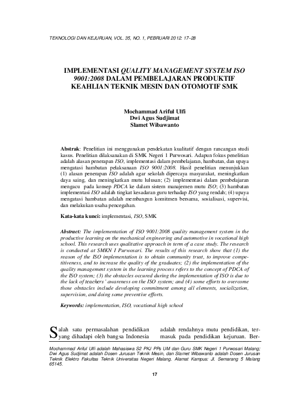 (PDF) Implementasi Quality Management System Iso 9001:2008 Dalam Pembelajaran Produktif Keahlian ...