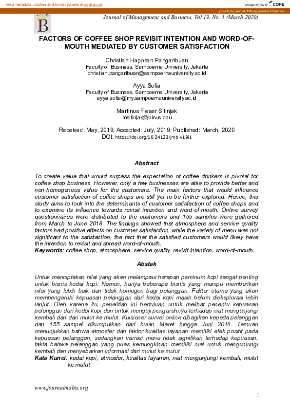 (PDF) Factors of Coffee Shop Revisit Intention and Word-Of-Mouth ...