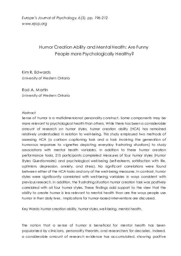 (PDF) Humor Creation Ability and Mental Health: Are Funny People more ...