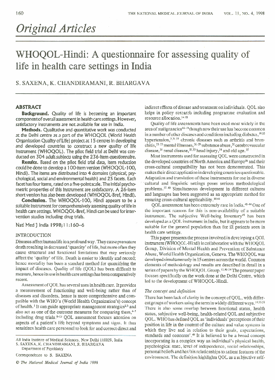 (PDF) WHOQOL-Hindi: a questionnaire for assessing quality of life in ...