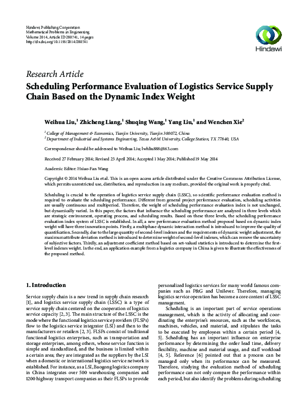 (PDF) Scheduling Performance Evaluation of Logistics Service Supply Chain Based on the Dynamic ...