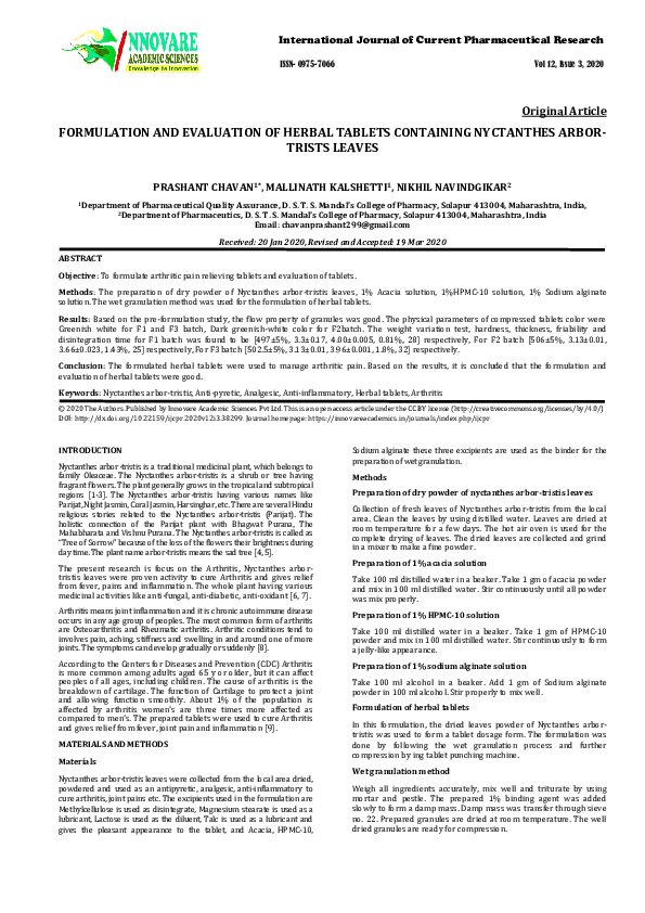 (PDF) Formulation and Evaluation of Herbal Tablets Containing ...