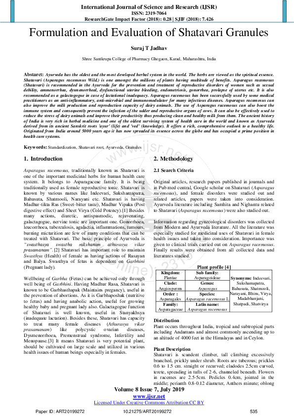(PDF) Formulation and Evaluation of Shatavari Granules