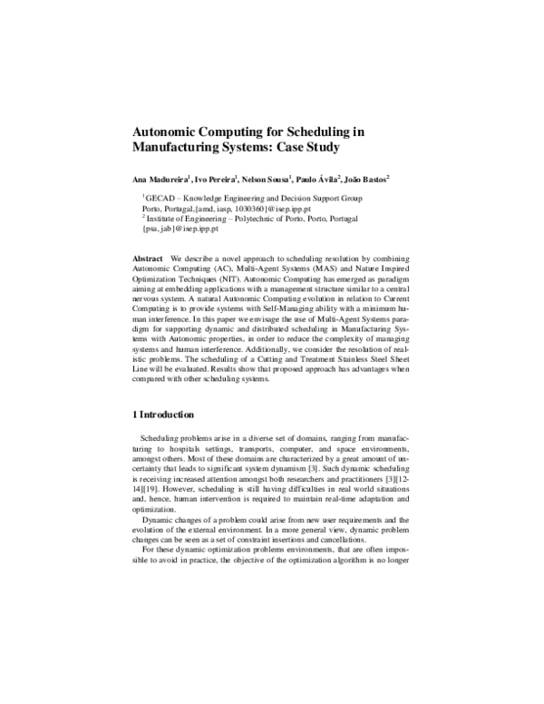 (PDF) Autonomic Computing for Scheduling in Manufacturing Systems: Case Study