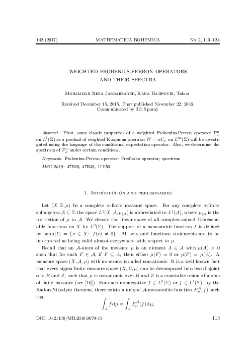 (PDF) Weighted Frobenius-Perron operators and their spectra | mohamadreza jabbarzadeh - Academia.edu
