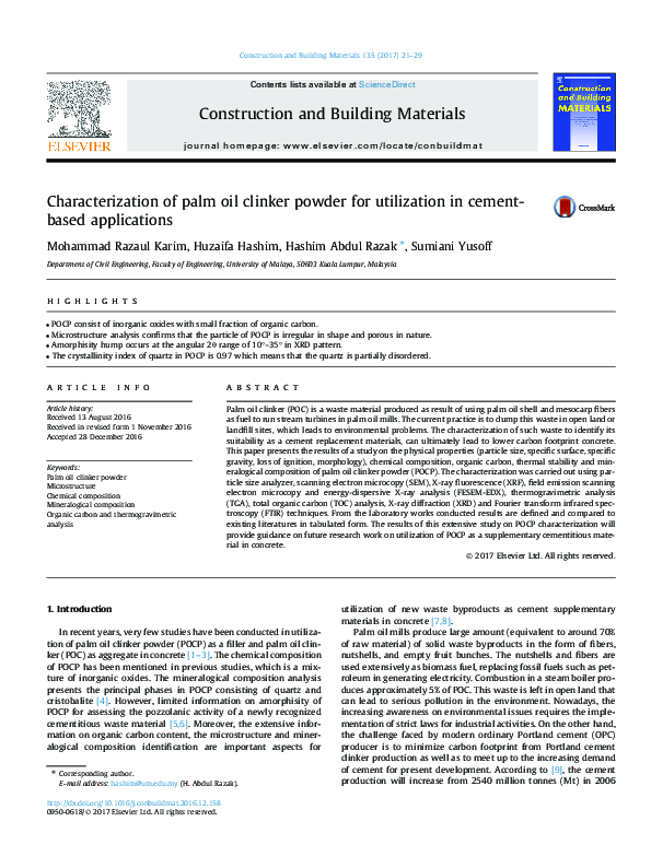 (PDF) Characterization of palm oil clinker powder for utilization in ...