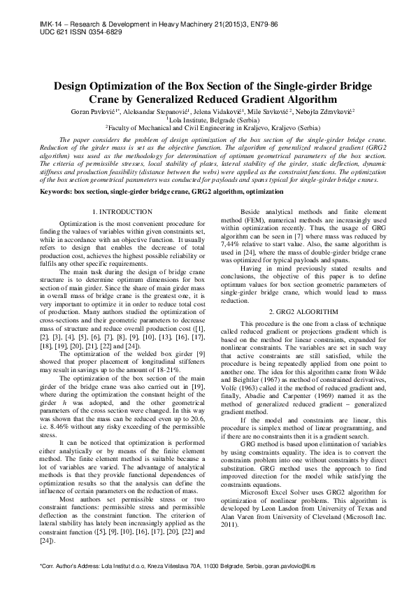 (PDF) Design optimization of the box section of the single-girder bridge crane by generalized ...