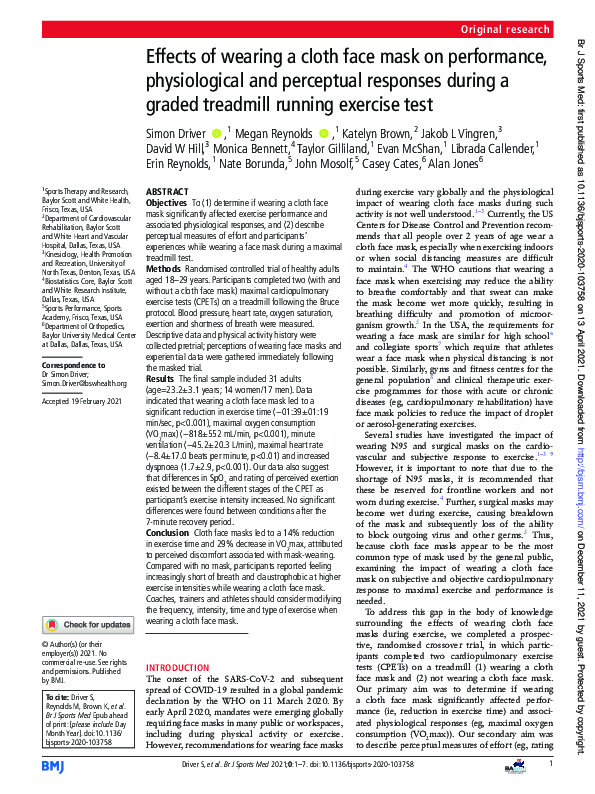 (PDF) Effects of wearing a cloth face mask on performance ...