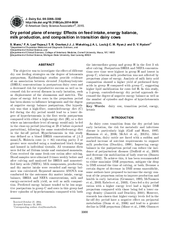 (PDF) Dry period plane of energy: Effects on feed intake, energy ...