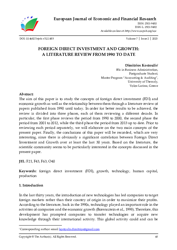 (PDF) Foreign Direct Investment and Growth: A Literature Review from ...