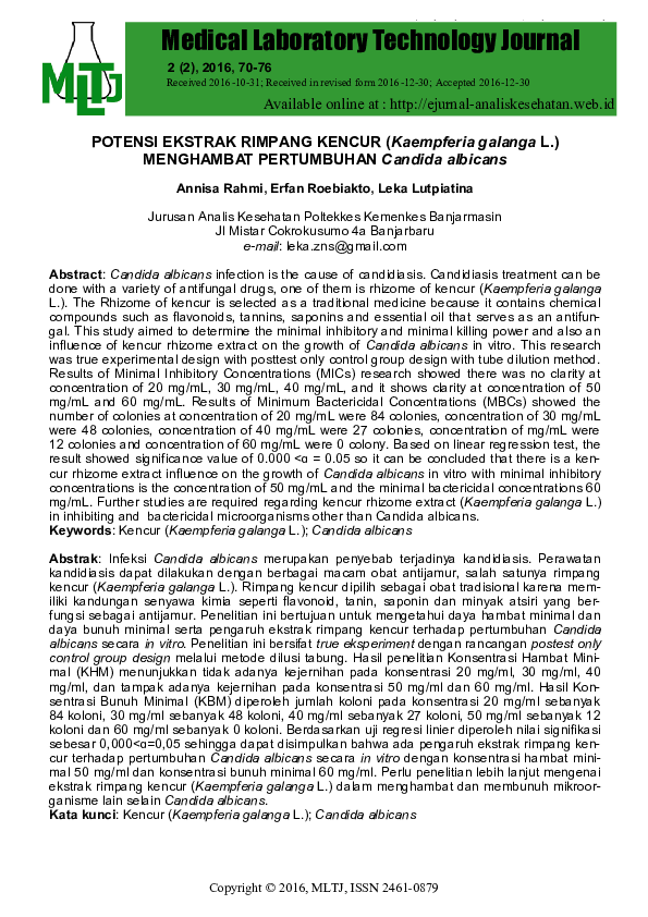 (PDF) Potensi Ekstrak Rimpang Kencur (Kaempferia galanga L.) Menghambat ...