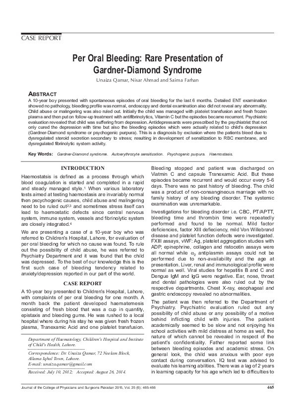 (PDF) Per Oral Bleeding: Rare Presentation of Gardner-Diamond Syndrome