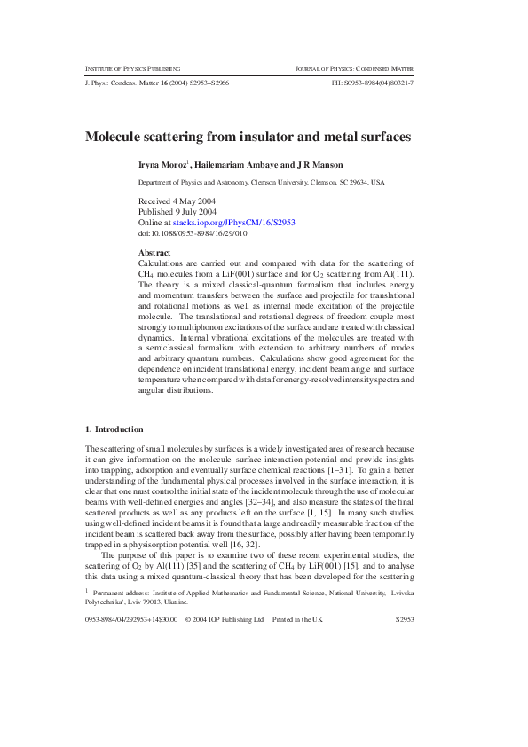 (PDF) Molecule scattering from insulator and metal surfaces