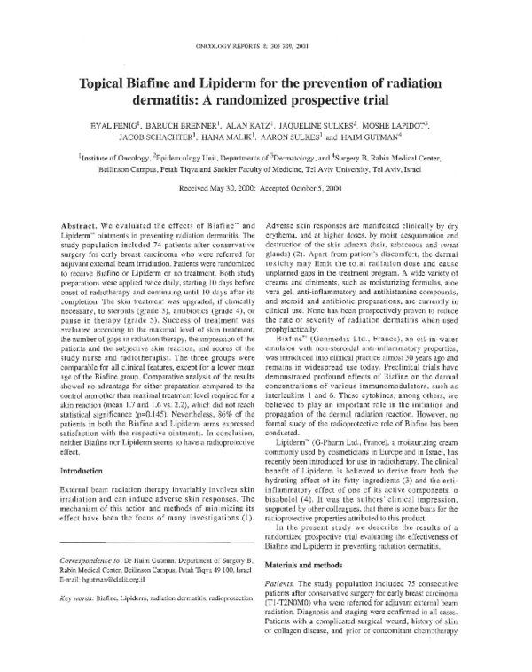 (PDF) Topical Biafine and Lipiderm for the prevention of radiation ...