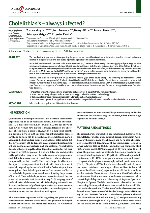 (PDF) Cholelithiasis – always infected?