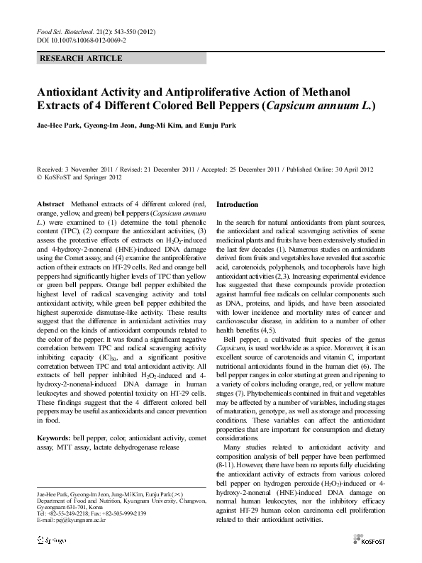 Pdf Antioxidant Activity And Antiproliferative Action Of Methanol