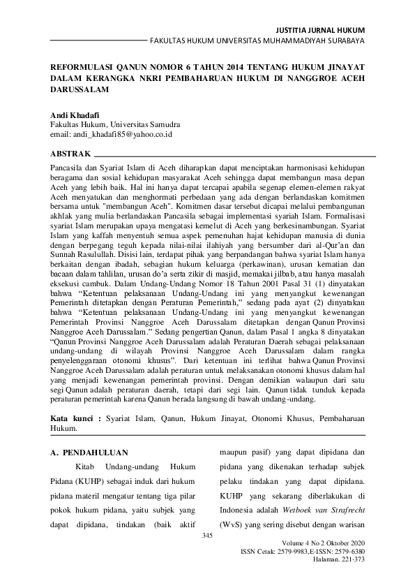 (PDF) Reformulasi Qanun Nomor 6 Tahun 2014 Tentang Hukum Jinayat Dalam Kerangka Nkri Pembaharuan ...