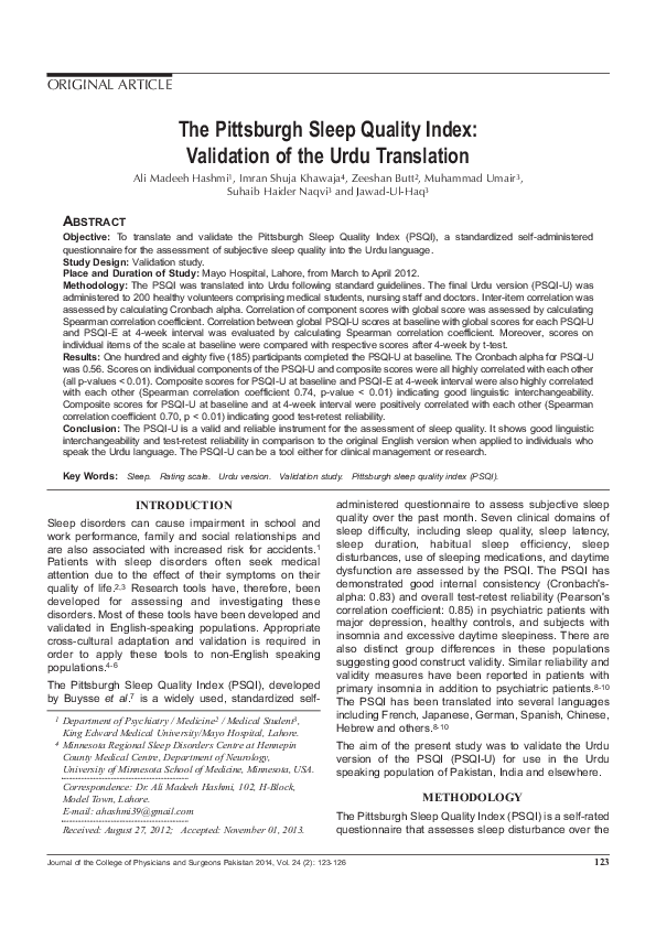 (PDF) The pittsburgh sleep quality index: validation of the urdu ...
