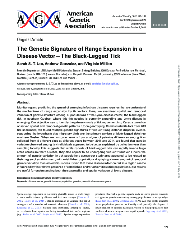 (PDF) The Genetic Signature of Range Expansion in a Disease Vector-The ...